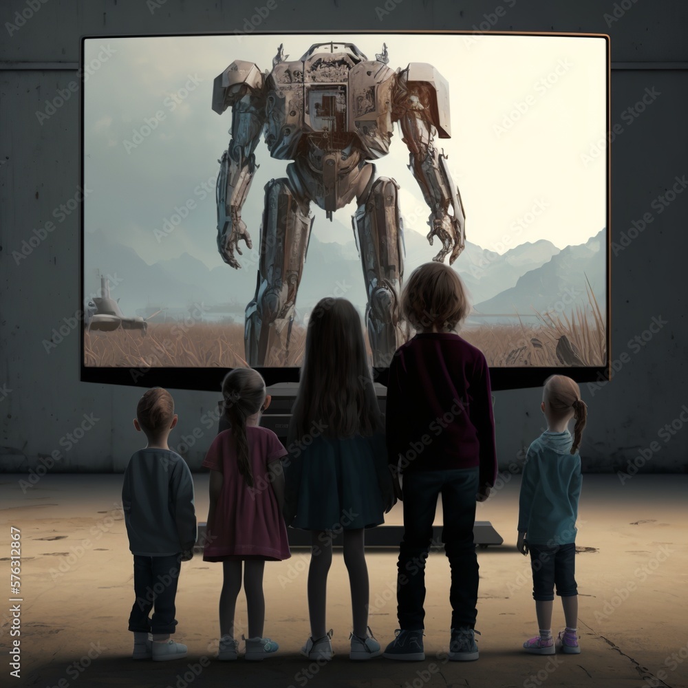 a family with children is standing in front of a giant TV black friday robot giant shop window ...