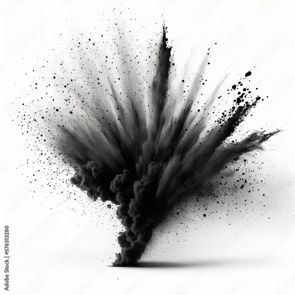 blast of black powder. Black dust explosion in close up, isolated on a ...