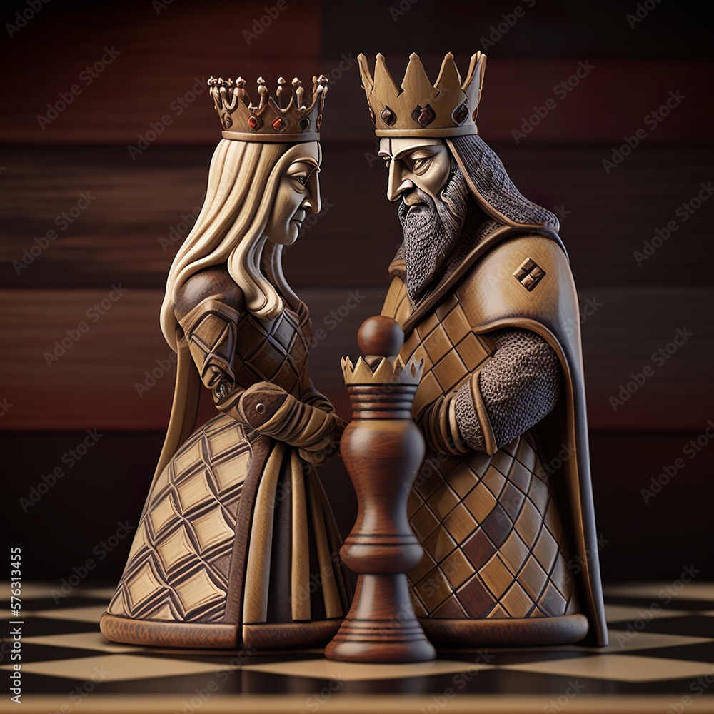 chess pieces, king and queen, holding hands, smiling, on the chessboard ...