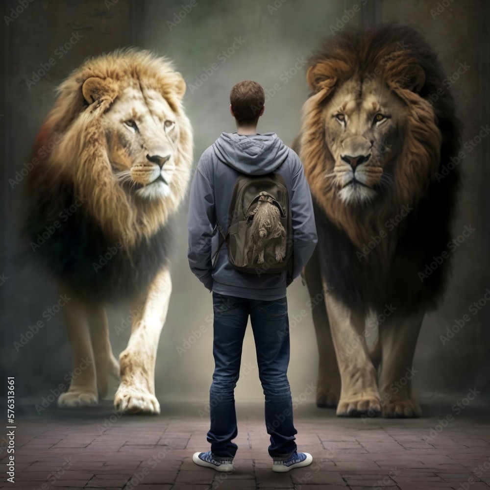 Daniel stands with his back to the lion pack a hiker in a not very ...