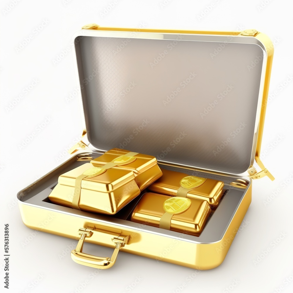 Gold ingots in the briefcase isolated on white background. illustration ...