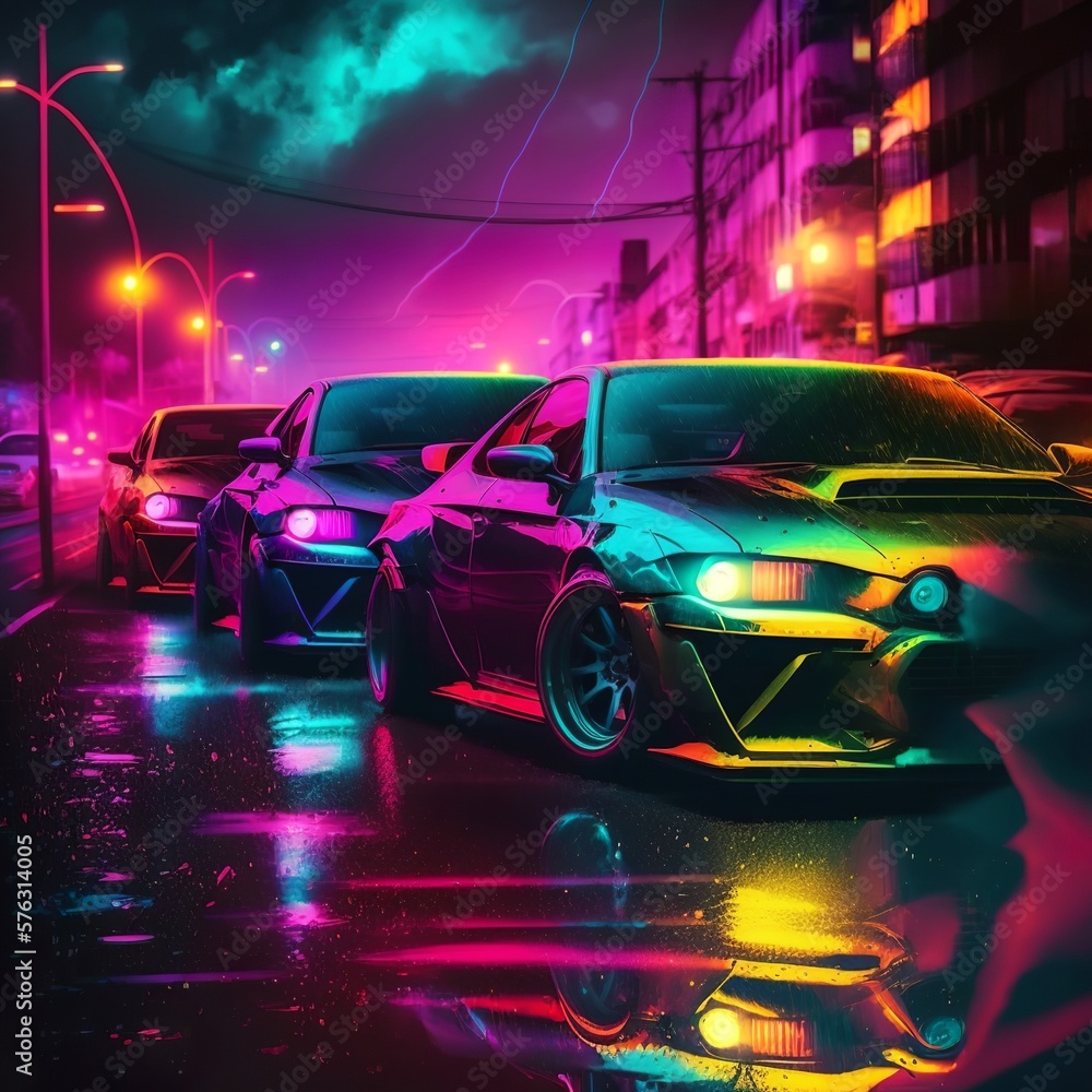 Green yellow red purple sport sedans in neon lights garage. Street ...