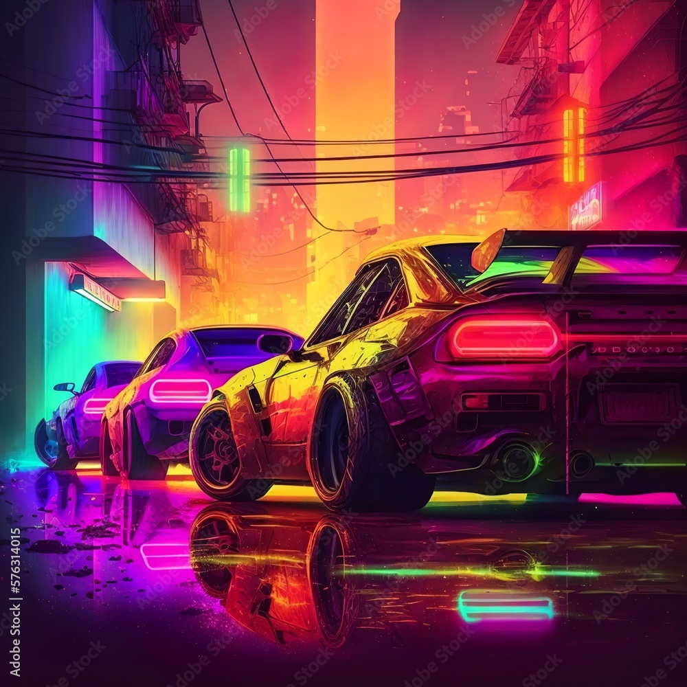 Green yellow red purple sport sedans in neon lights garage. Street ...