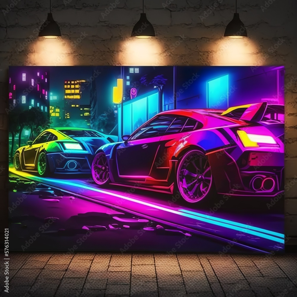 Green yellow red purple sport sedans in neon lights garage. Street ...