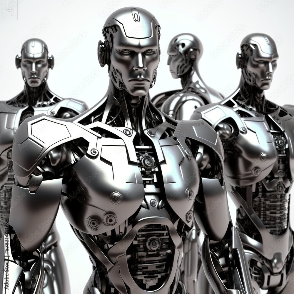 Many modern futuristic male humanoid robots with metal outfit. Neural ...