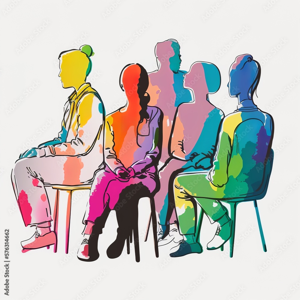 one line color drawing group young people meeting - PNG image with ...