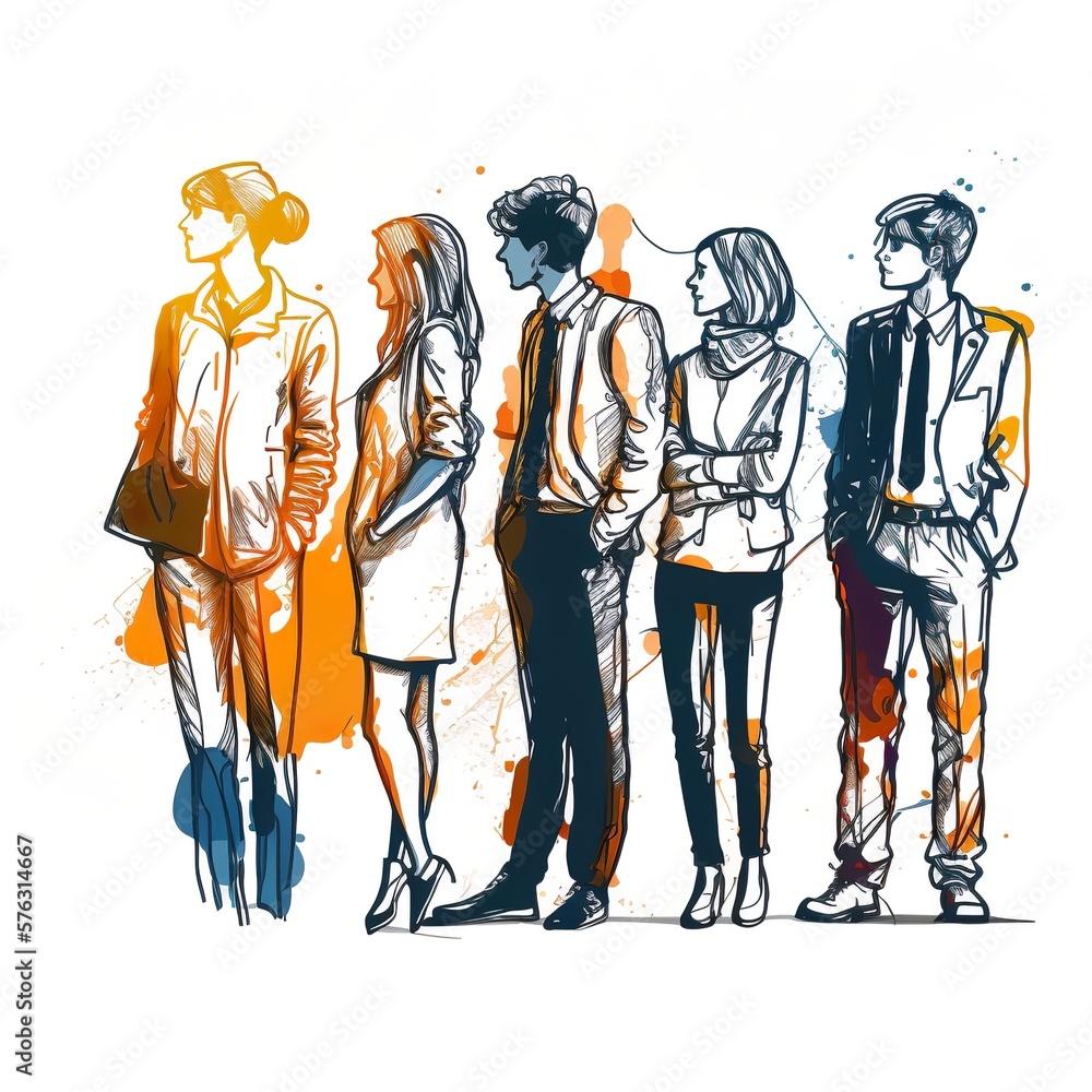 one line color drawing group young people meeting - PNG image with ...