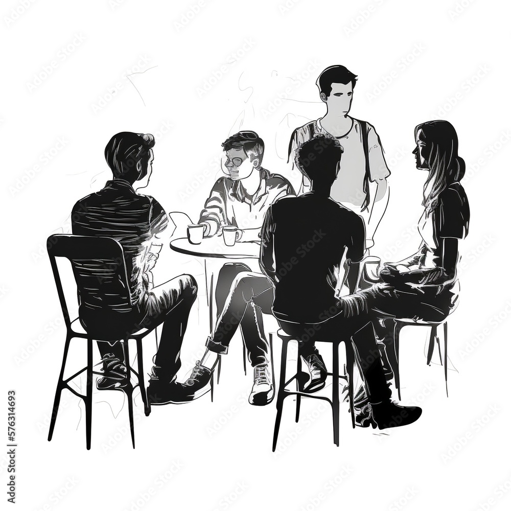 one line drawing group young people meeting - PNG image with ...