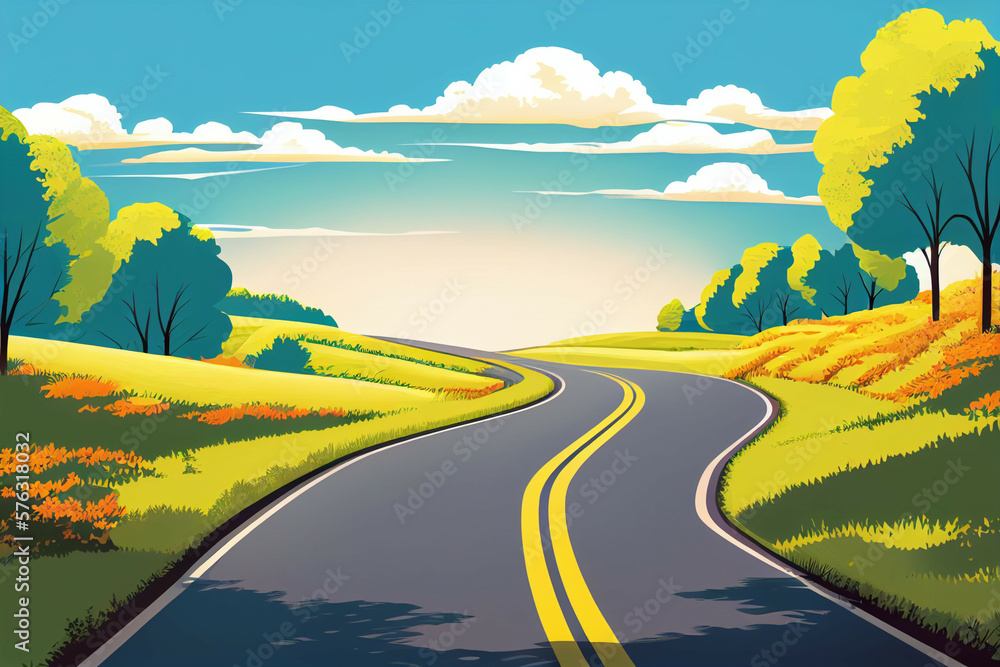 Long road ahead with green field ,flower and blue sky.Long and winding ...