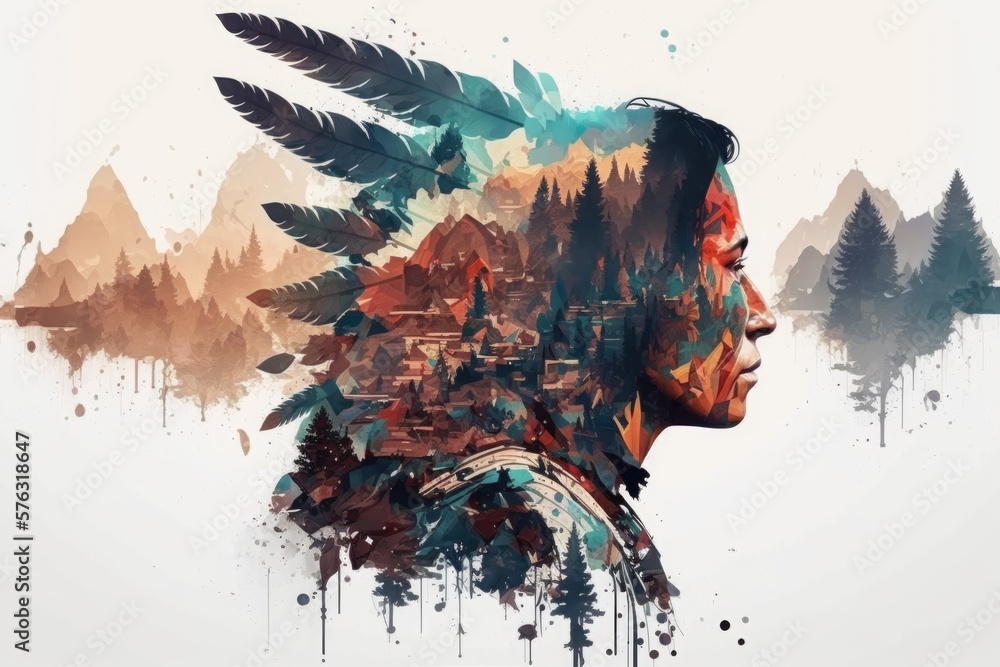 Native american silhouette, head morphing into mountains, landscape ...