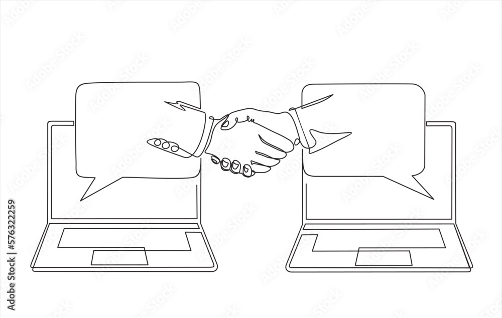 Continuous line drawing of business men shaking hand to deal digital ...