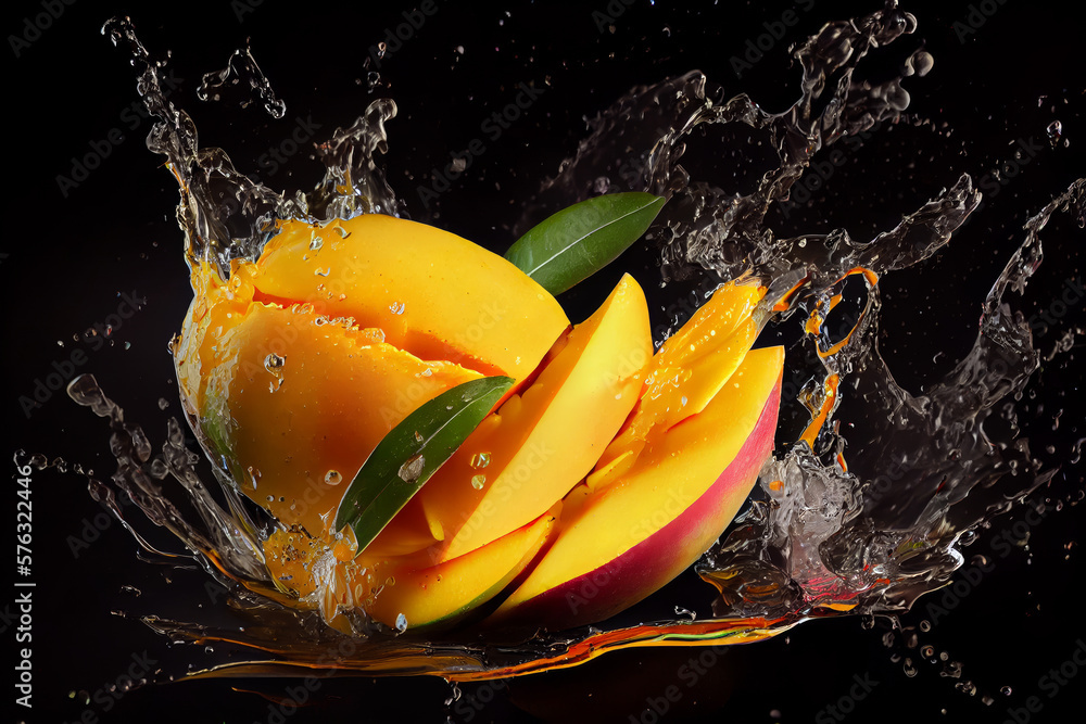 Juicy Mango Slices and Leaves on Dark Background with Dramatic Splash ...