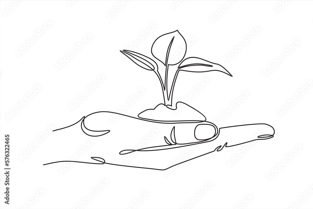 Continuous one line drawing of back to nature theme with hand holding a ...