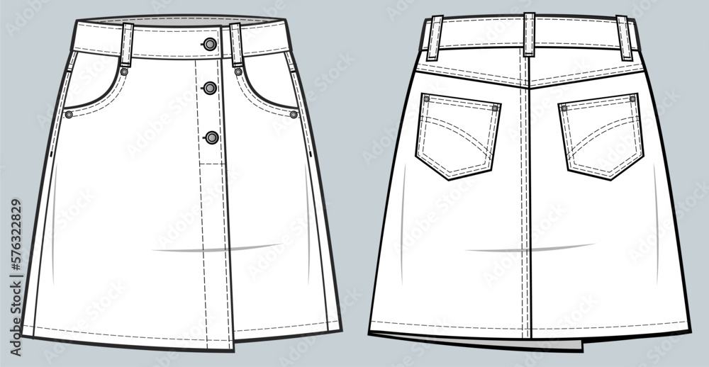 High-waist denim skirt fashion technical drawing template with pockets ...