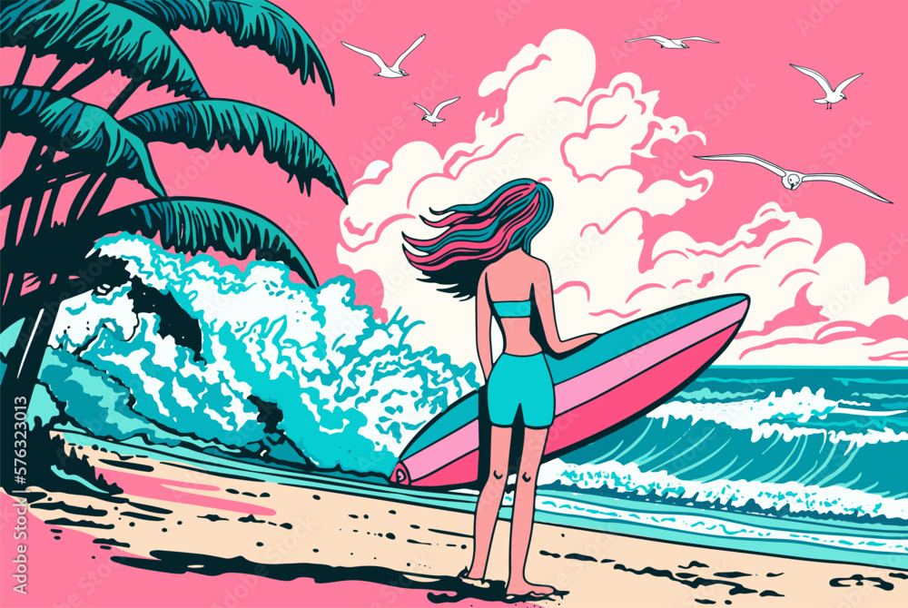 Surfer girl on the beach. Woman with surfboard. Cartoon vector ...