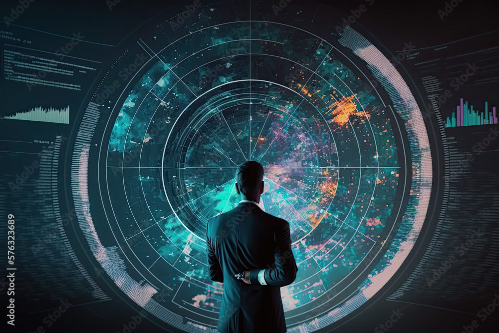 Businessman in suit viewing data visualization on screen, possibly military, navy, army ...