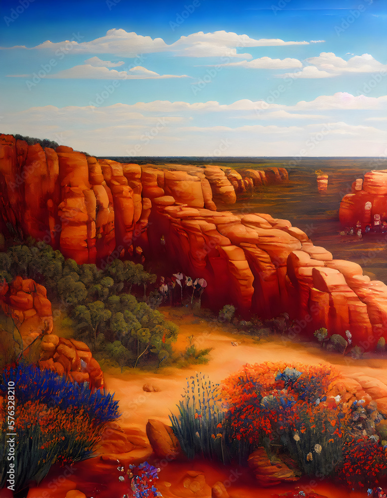 renaissance oil painting of australian outback with wildflowers made ...