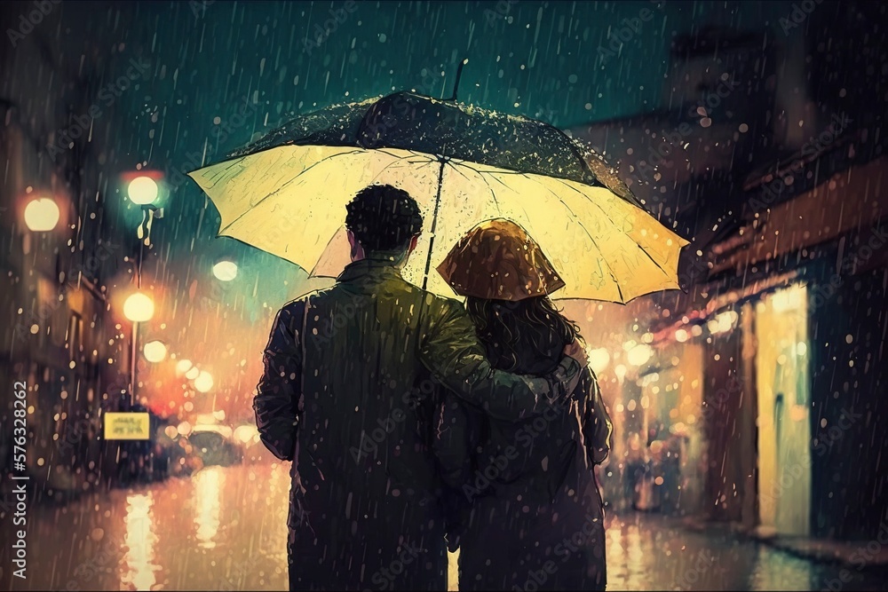 a korean couple hug ,drama night raining scene, under the umbrella ...