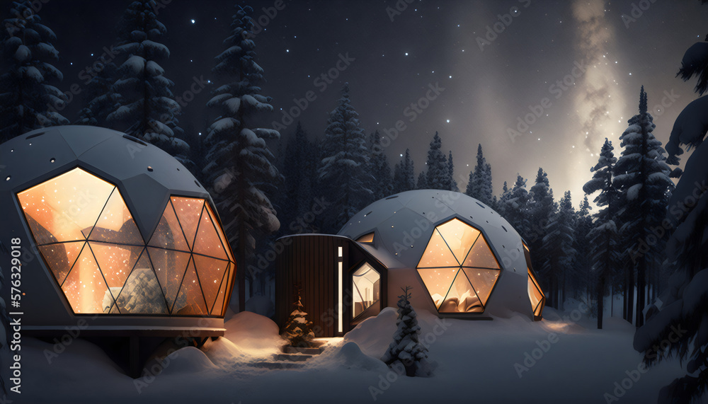 two geodesic domes in remote snow landscape with northern lights, made ...