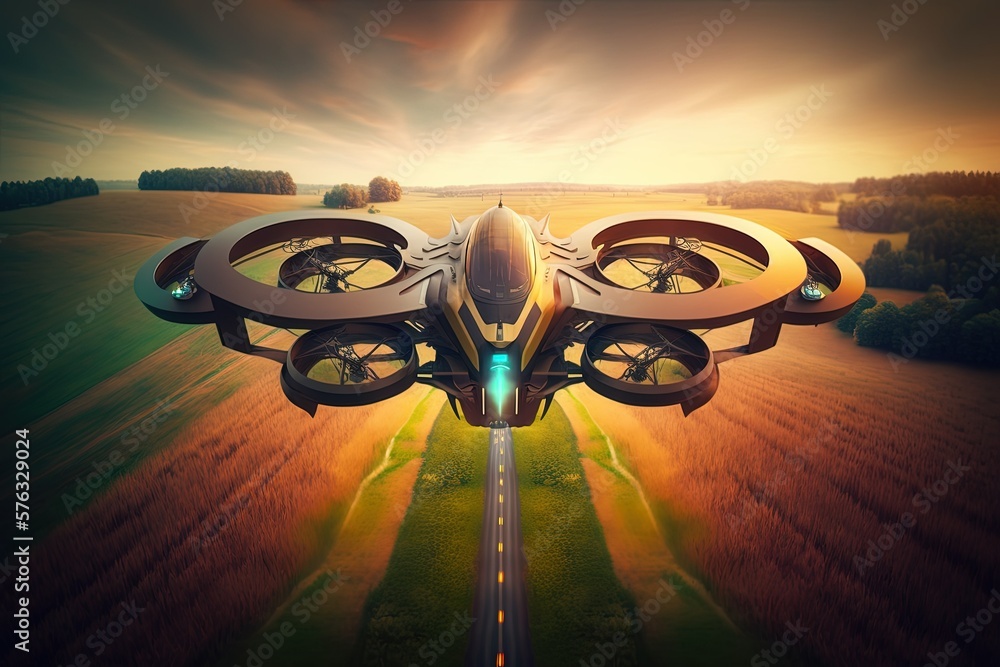 Drone technology of the future soaring over a countryside. Inspection ...