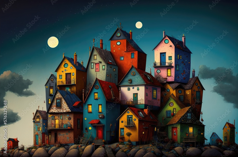 Colorfully painted shanty town shacks and haphazardly built settlement ...