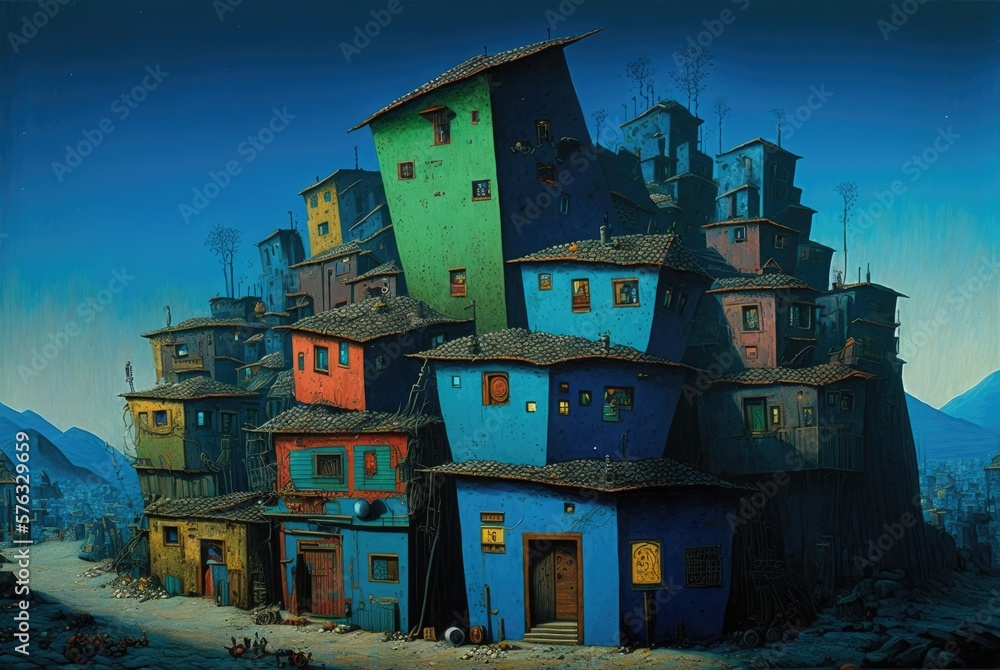 Colorfully painted shanty town shacks and haphazardly built settlement ...
