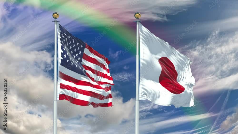 The video shows the American and Japanese flags flying in the sky with ...