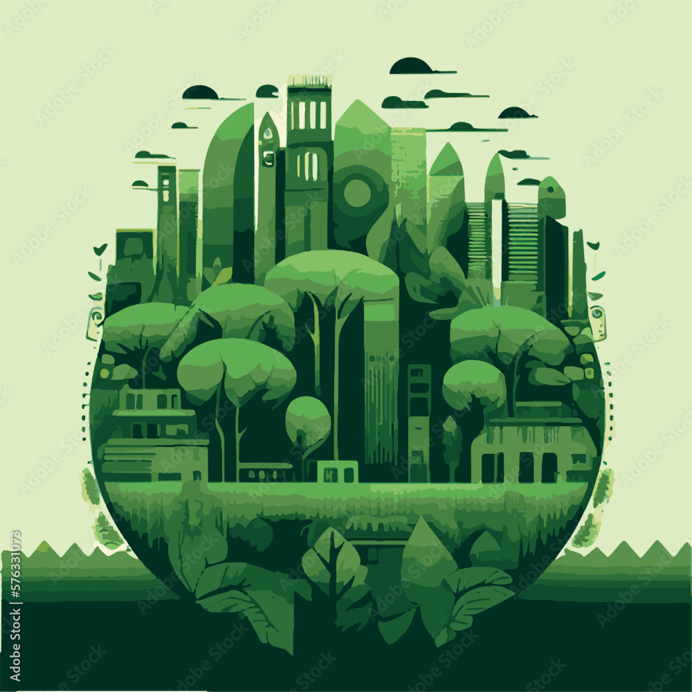 Eco City. Panorama of the Green City. Environmental concept. Vector ...