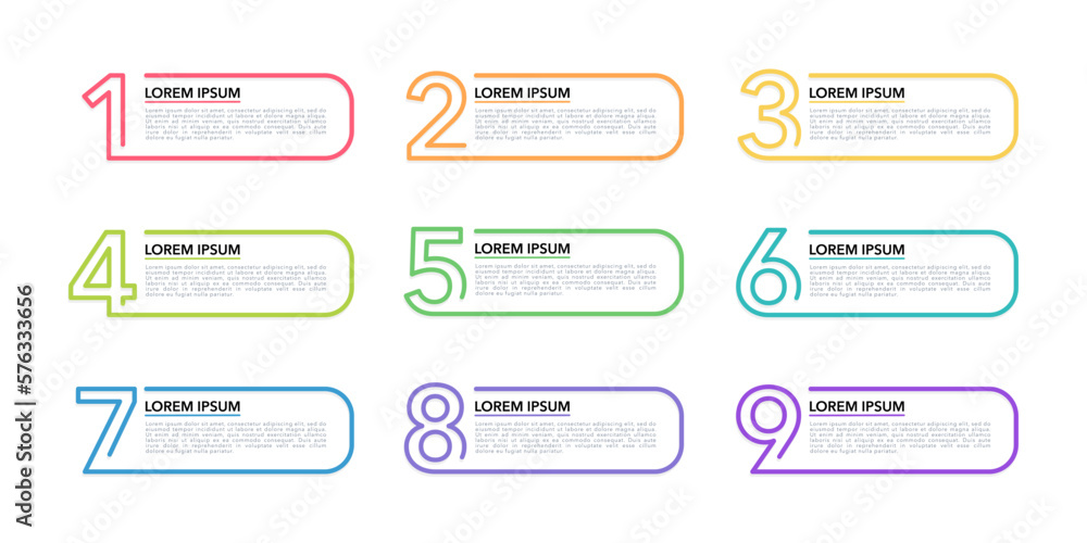 Infographic colorful 9 options or steps. Infographic rectangle frame ...
