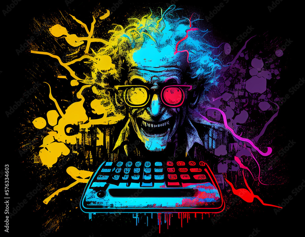 Hacker with a keyboard in mixed vibrant primary colors Stock ...