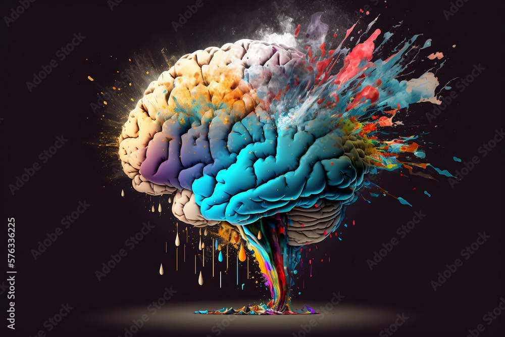 Concept art of a human brain exploding with knowledge and creativity ...