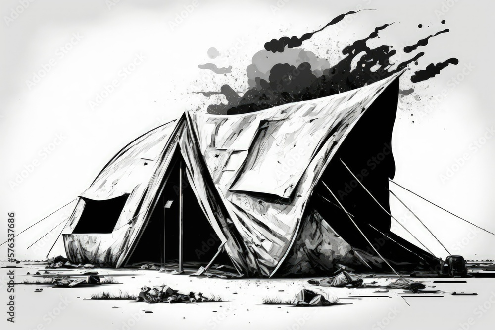 Tents used by aging soldiers on the field, ripped apart by the wind ...
