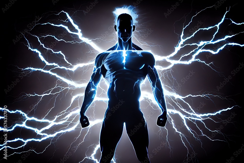 Man In Lightning Flashes, Body Silhouette With Inner Energy. Generative ...
