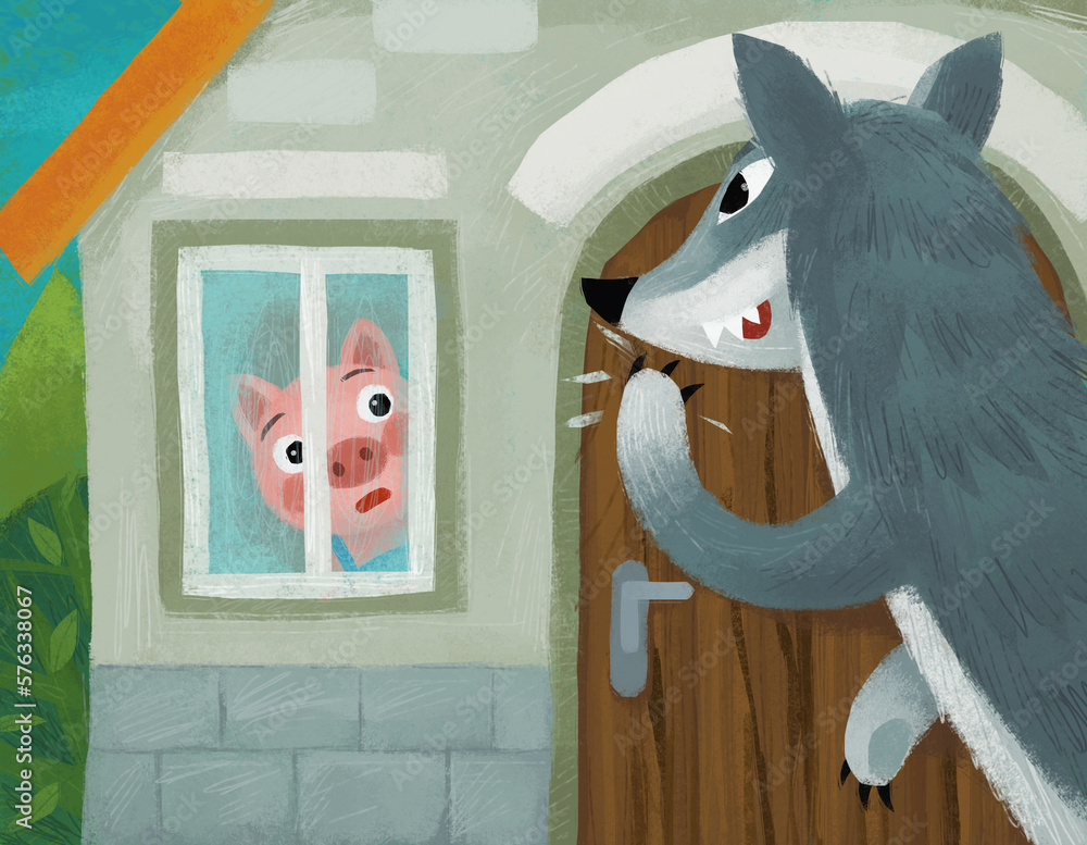 cartoon scene with wolf on the farm searching for pigs illustration for ...