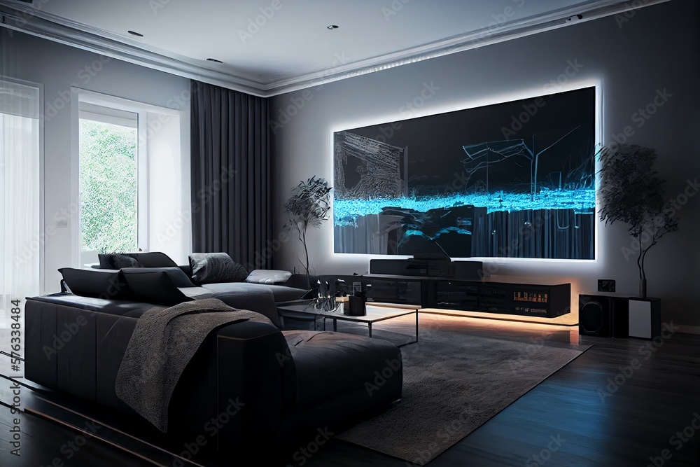 Modern Living Room Interior With Sofa And Large Tv Screen On The Wall ...