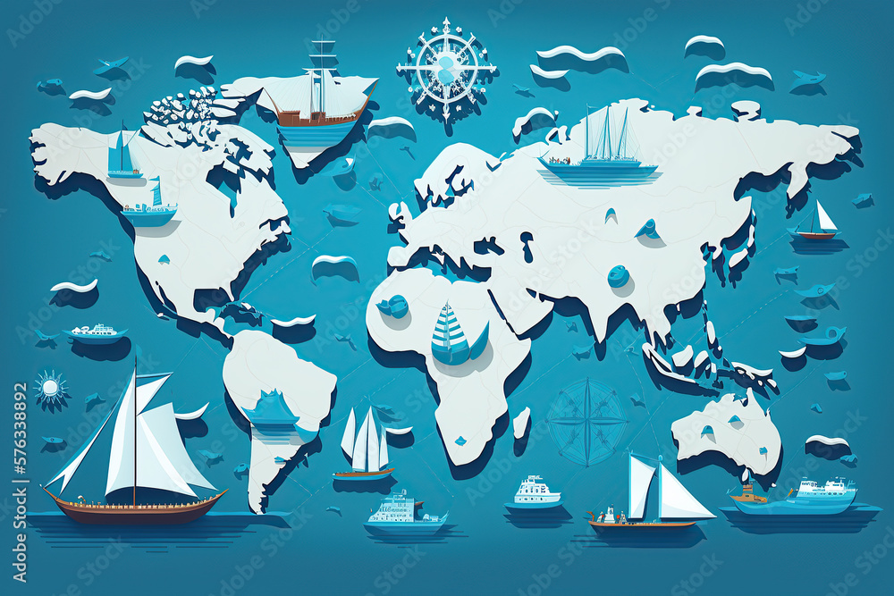 Maritime world map with continents, created with Generative AI Stock ...