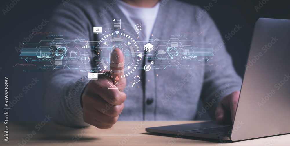 Businessman touching personal data through virtual screen interface ...