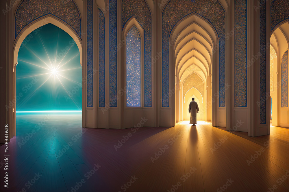 Islamic background painting. Mosque and shadows. Light rays from mosque ...