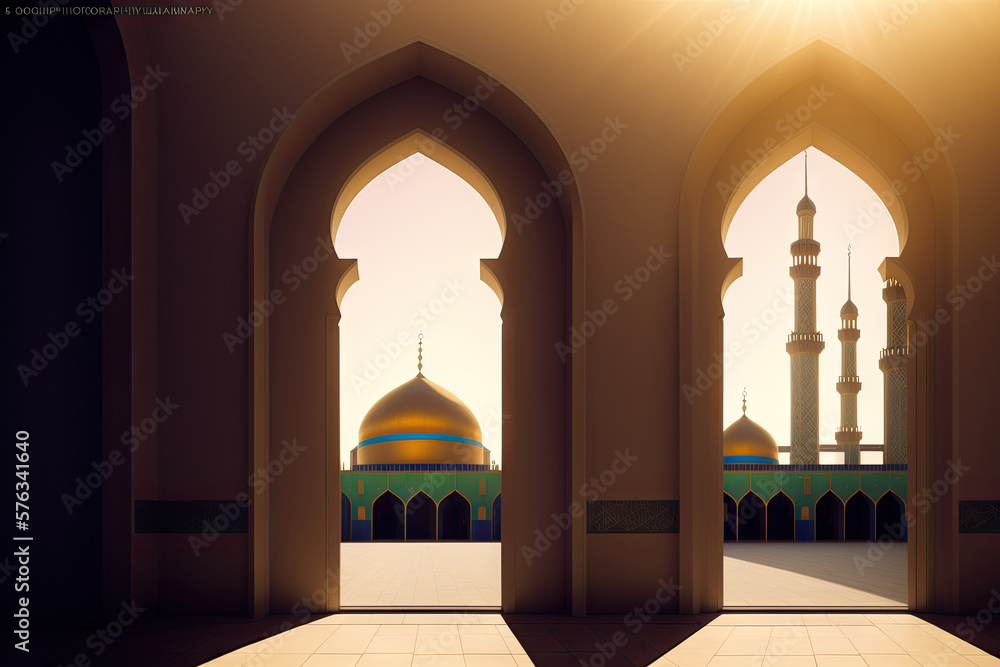 Islamic background painting. Mosque and shadows. Light rays from mosque ...
