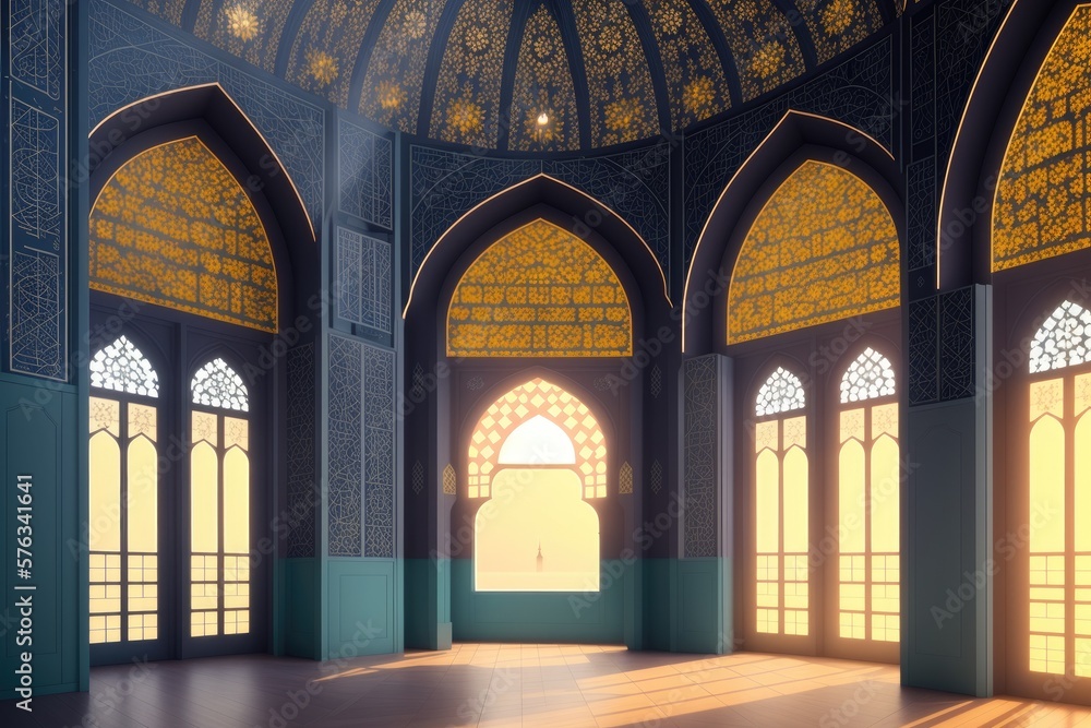 Islamic background painting. Mosque and shadows. Light rays from mosque ...