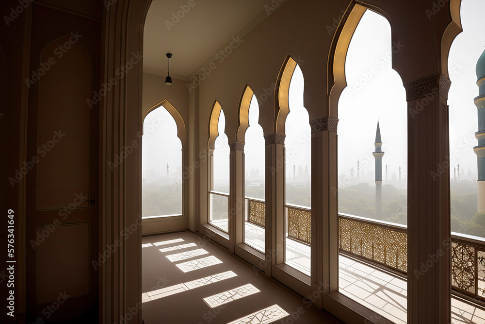 Islamic background painting. Mosque and shadows. Light rays from mosque ...