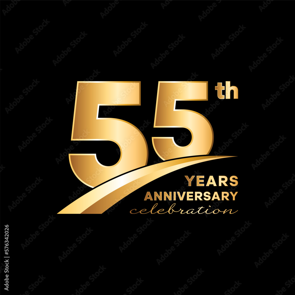55th Anniversary design with golden number and text isolated on black ...