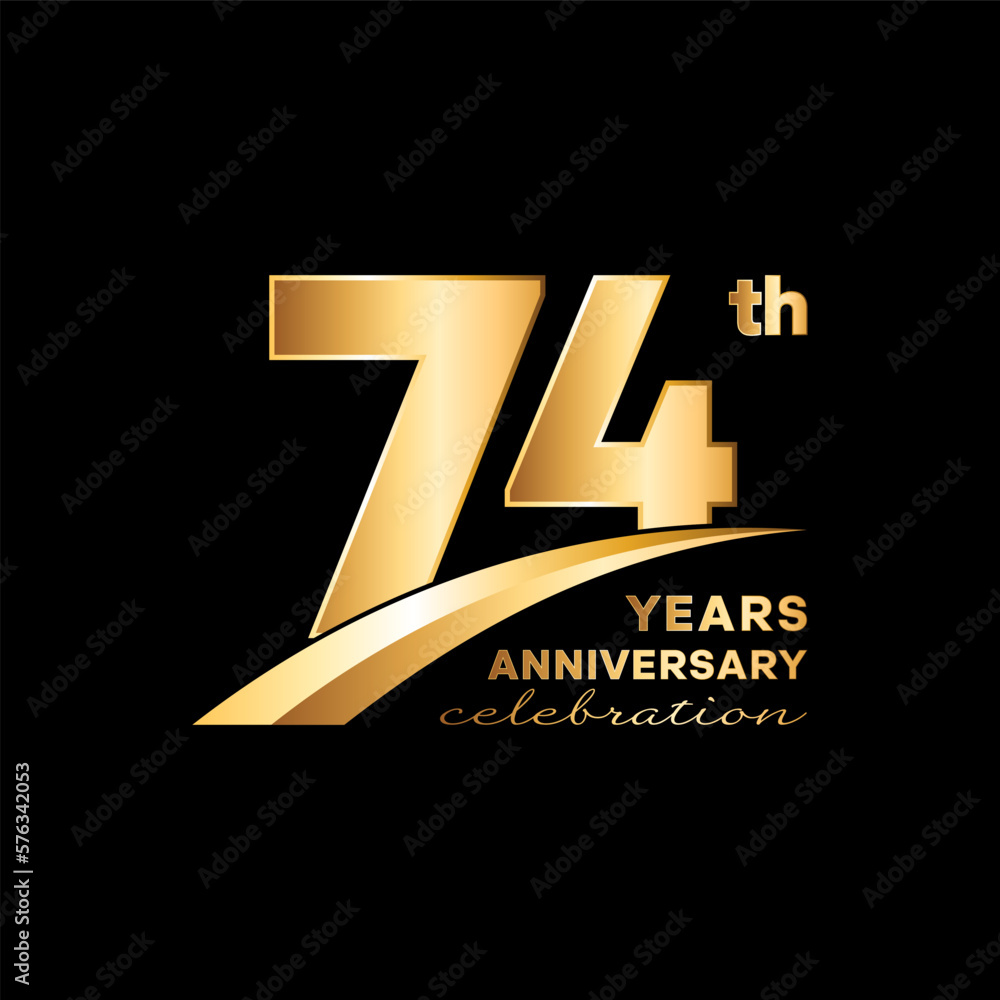 74th Anniversary design with golden number and text isolated on black ...