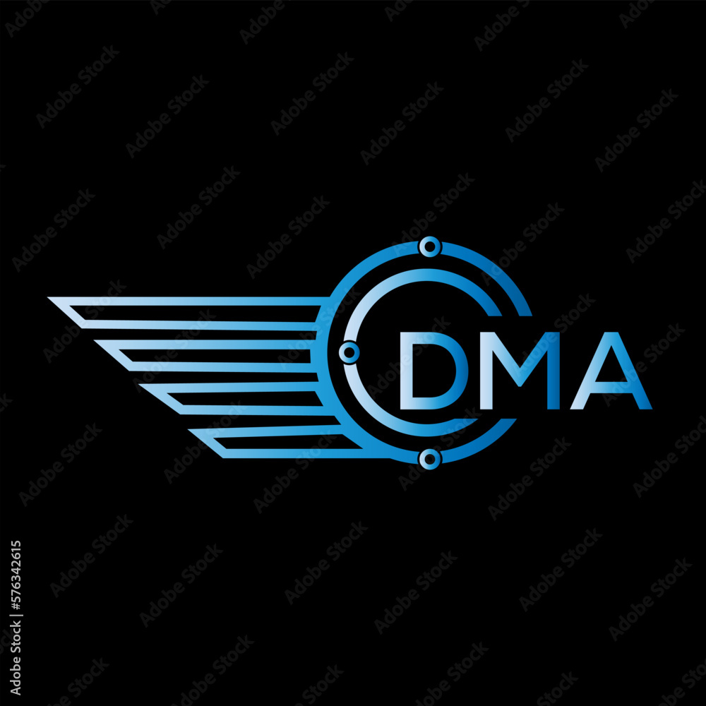 DMA logo, letter logo. DMA blue image on black background. DMA ...