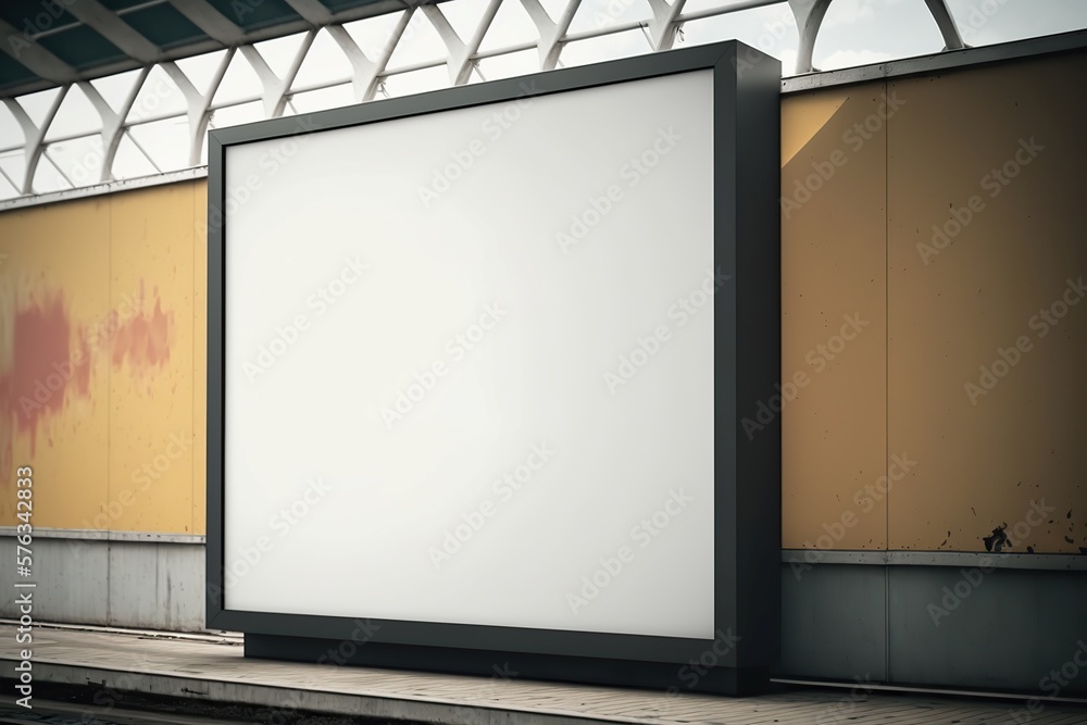 blank neon box advertisement mockup on the railway station concept ...