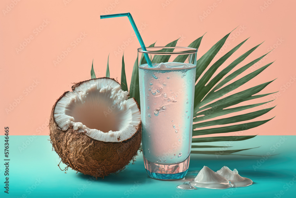 3d glass of coconut water illustration with a pastel backdrop made by ...