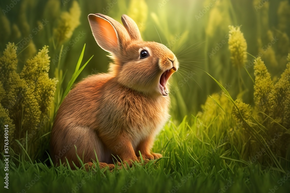 Red rabbit on green grass. Home decorative rabbit outdoors. Little ...