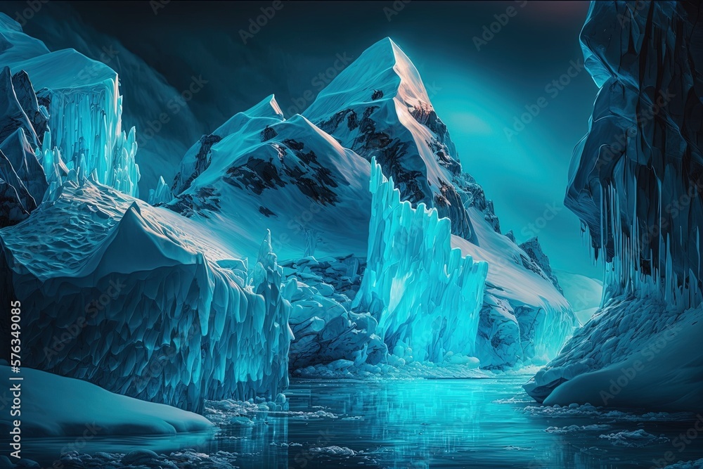 Glacial scene in the winter. the glow of neon. Antarctic ice floes are ...