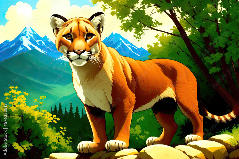 Colorful magic Mountain Lion, cartoon style painting. Generative ai art ...