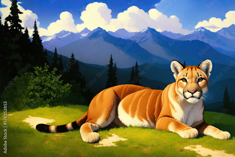 Colorful magic Mountain Lion, cartoon style painting. Generative ai art ...
